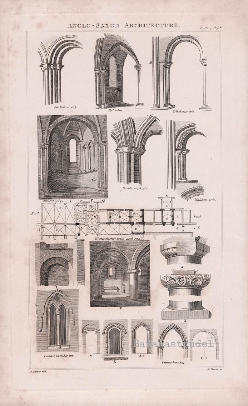 Anglo-saxon Church Architecture - Antique Print From 1843 - Glastonbury ...