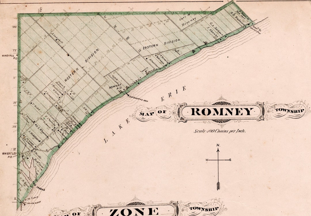 Antique Map of Romney and Zone Townships - Kent County, Ontario - 1881 ...