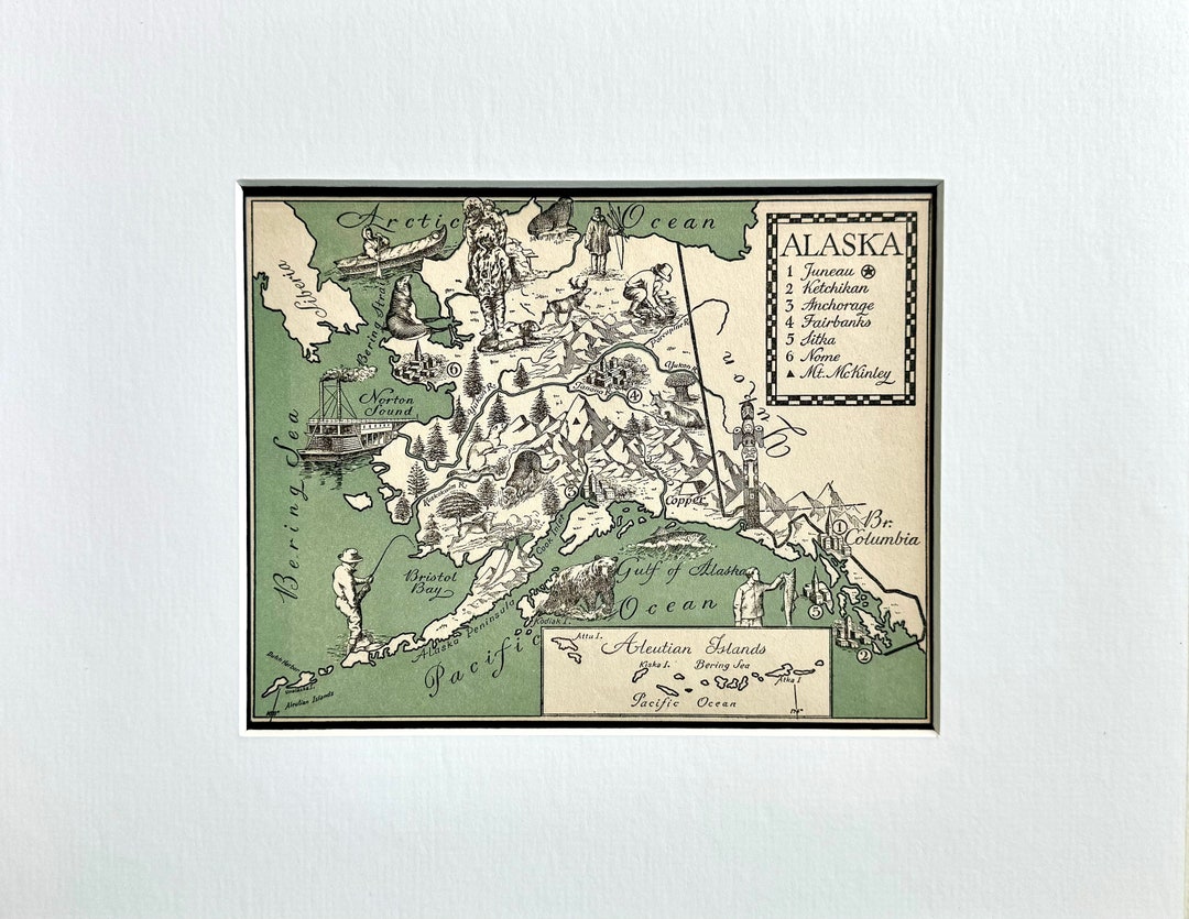 1944 Pictorial Map of Alaska - Matted 11 X 14 - Ready for Framing - Etsy