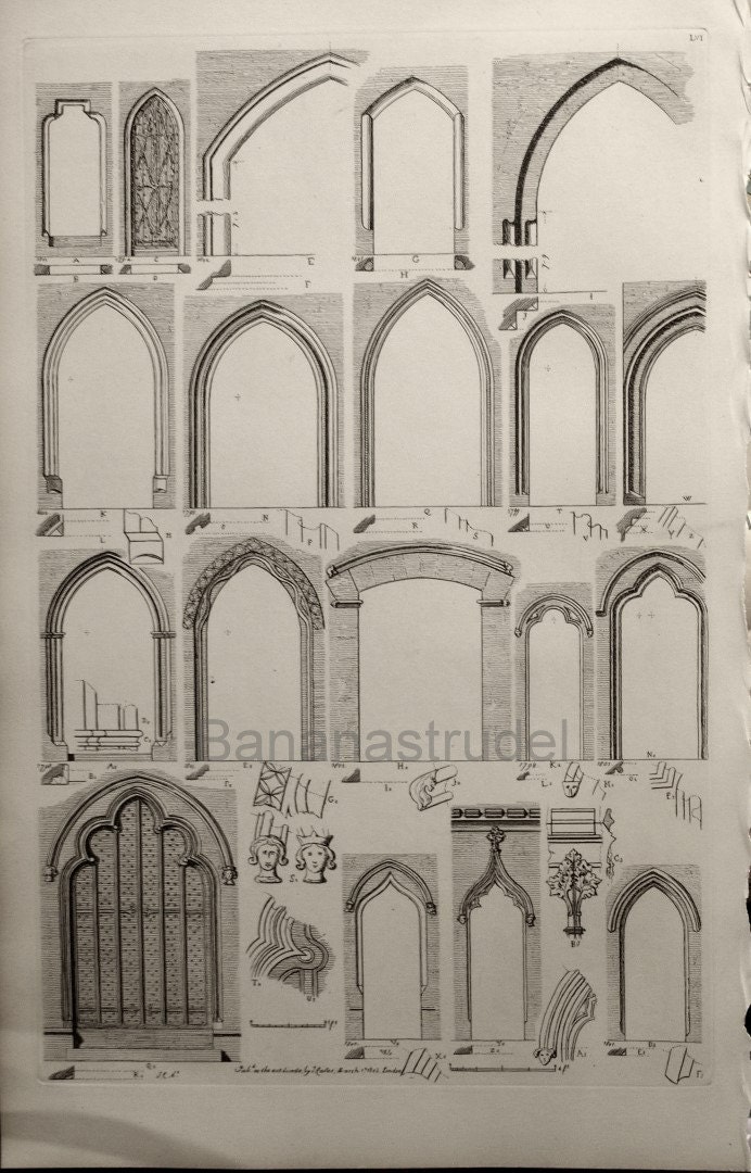Large Antique Engraving of Doorways and Architrave Decorations - Plate ...