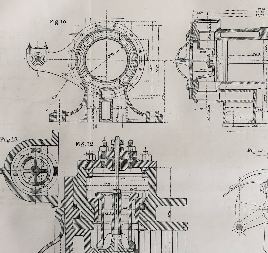 1878 Large Antique Blueprint of Geared Pumping Engine - 2-panel ...