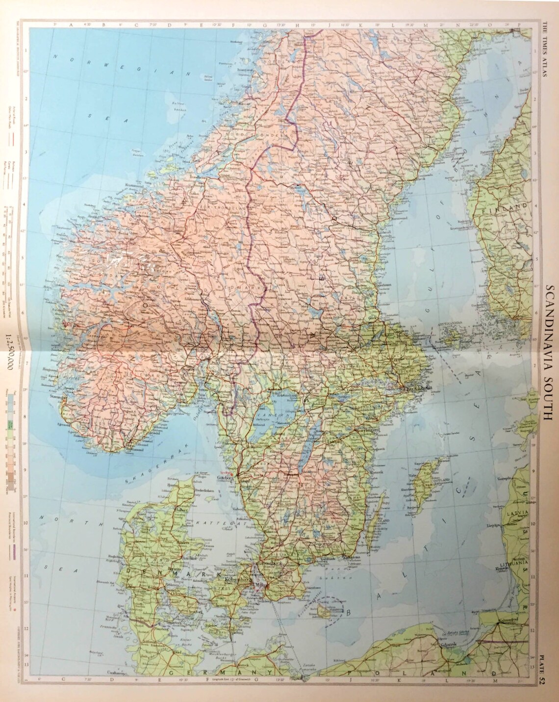 Vintage Map of Scandinavia- South - 1958 Large Map of Southern ...