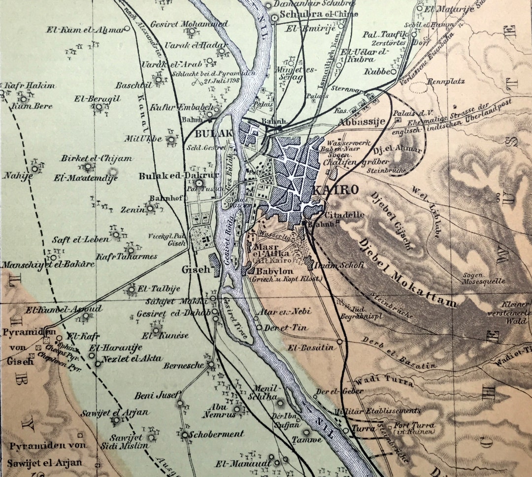 1890 German Vintage Map of the Cairo and the Pyramid Fields - Antique ...