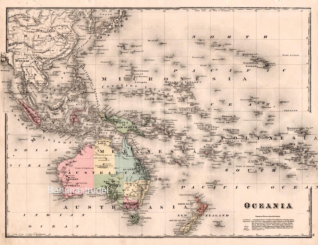 1880 Antique Handcolored Map of Oceania - Pacific Islands - Australia ...