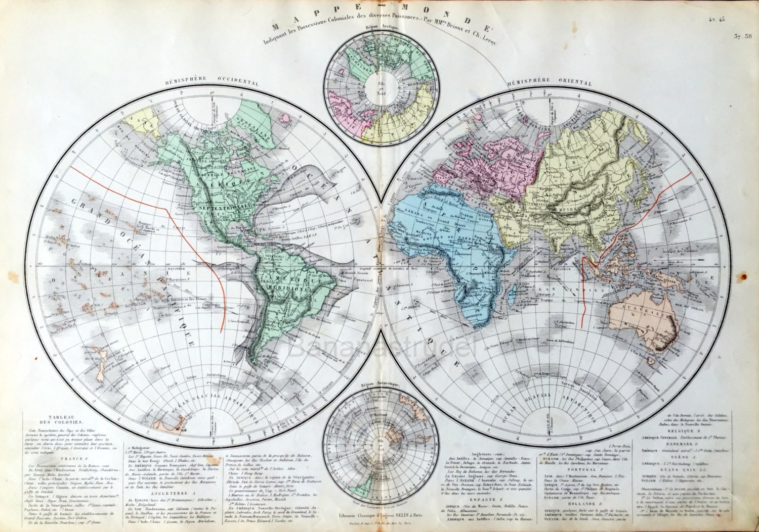 1884 Antique Map of the World in Hemispheres - Antique Hemisphere Map ...
