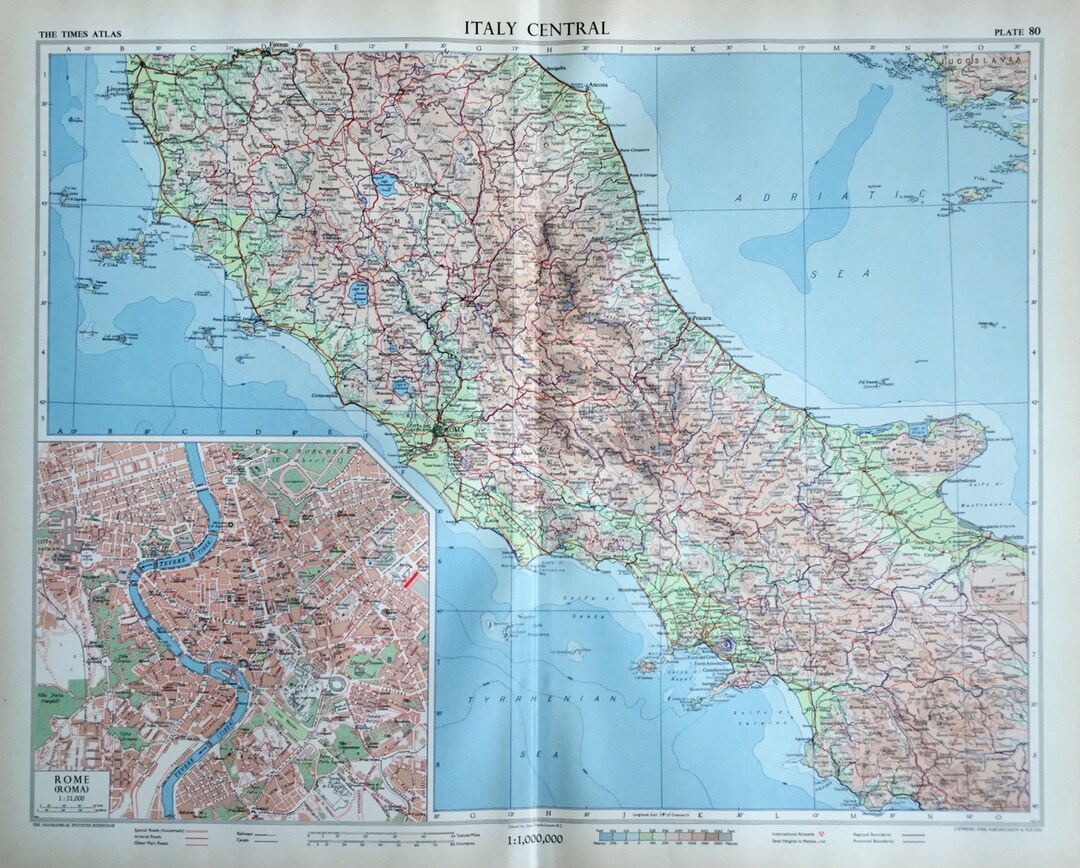 1958 Vintage Map of Italy Central Inset of Rome - Etsy