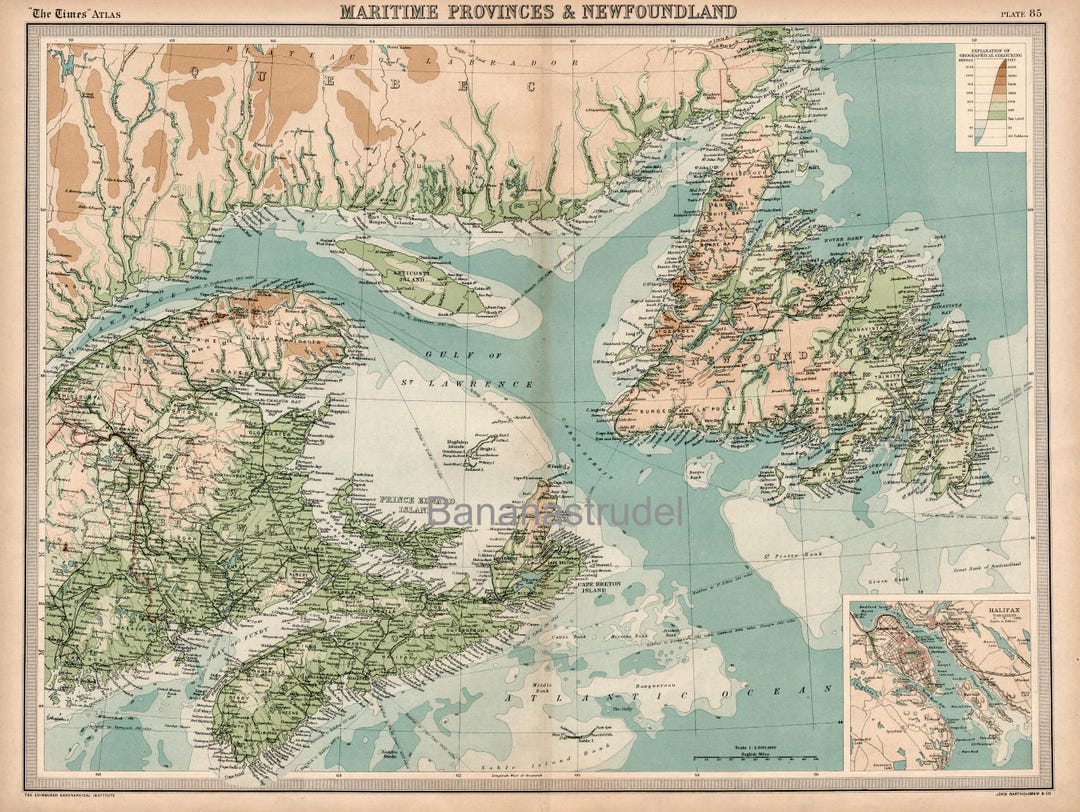 1922 Large Antique Map of the Maritime Provinces and Newfoundland - PEI ...