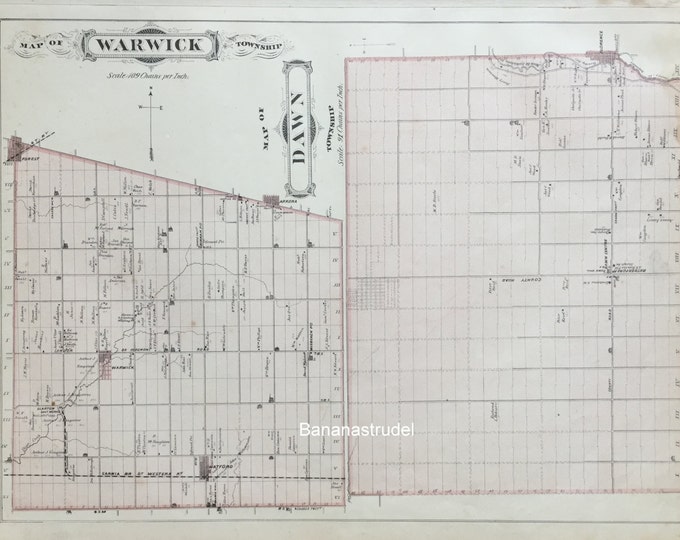 1880 Antique Map of Warwick and Dawn Townships, Ontario - Township Maps ...