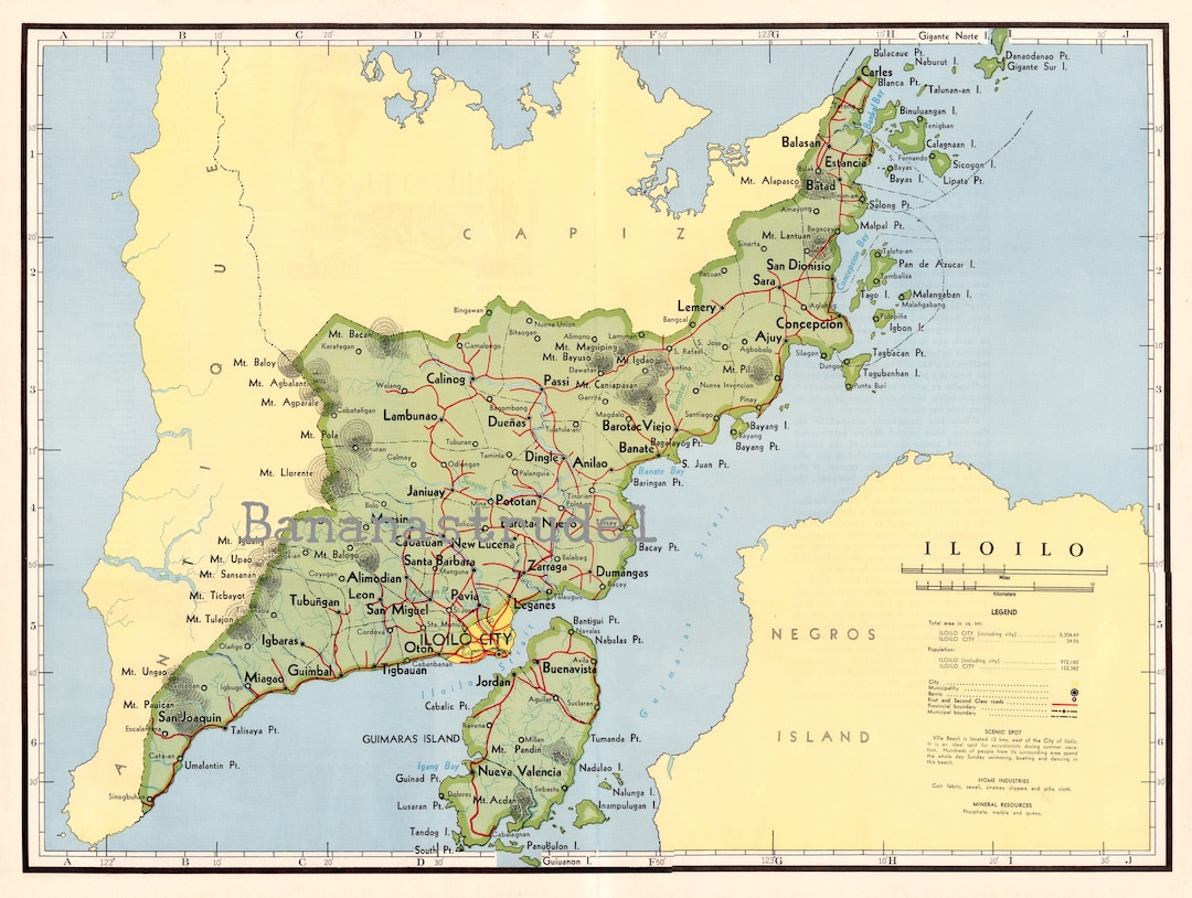 Iloilo, Philippines - RARE Large Vintage 1959 Map - Guimaras Island ...