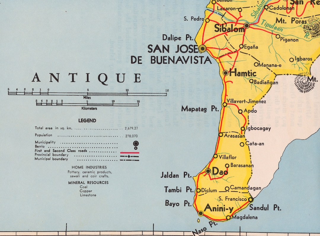 Antique Province, Philippines - RARE Large Vintage 1959 Map - San Jose ...
