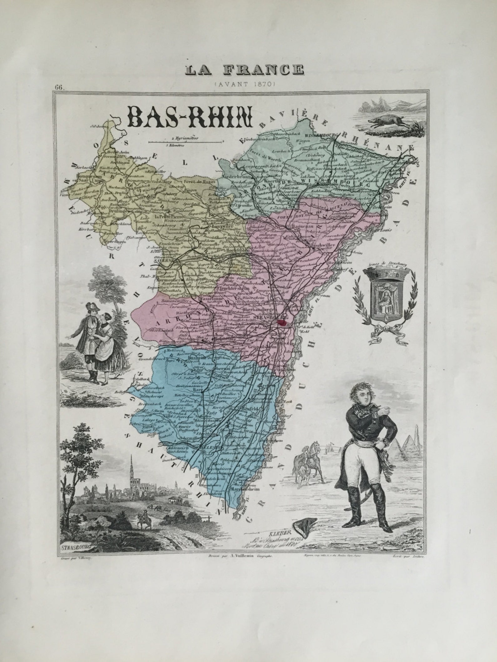 1883 Antique Map of Bas-rhin France Handcoloured Map - Etsy