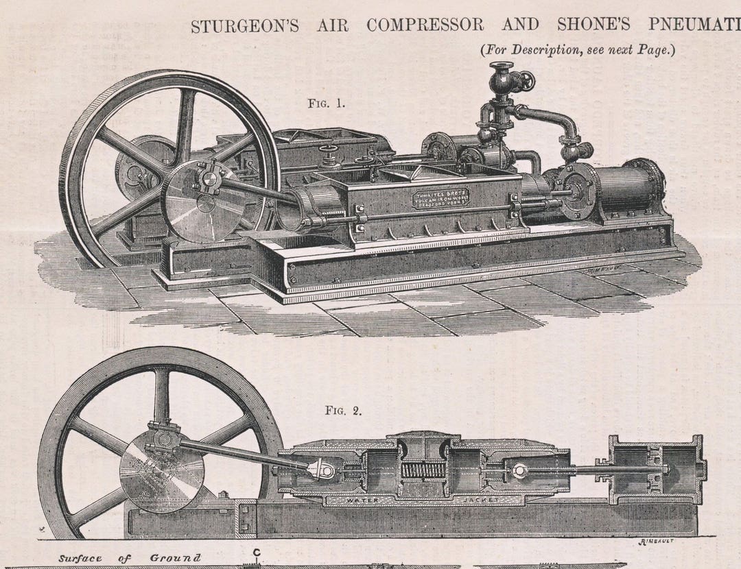 1879 Antique Engineering Drawing of Air Compressor - Pneumatic Sewerage ...