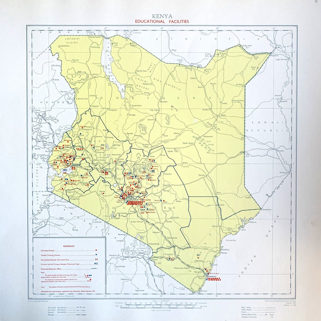 Kenya Map - Educational Facilities - RARE Large Vintage 1962 Map - Etsy