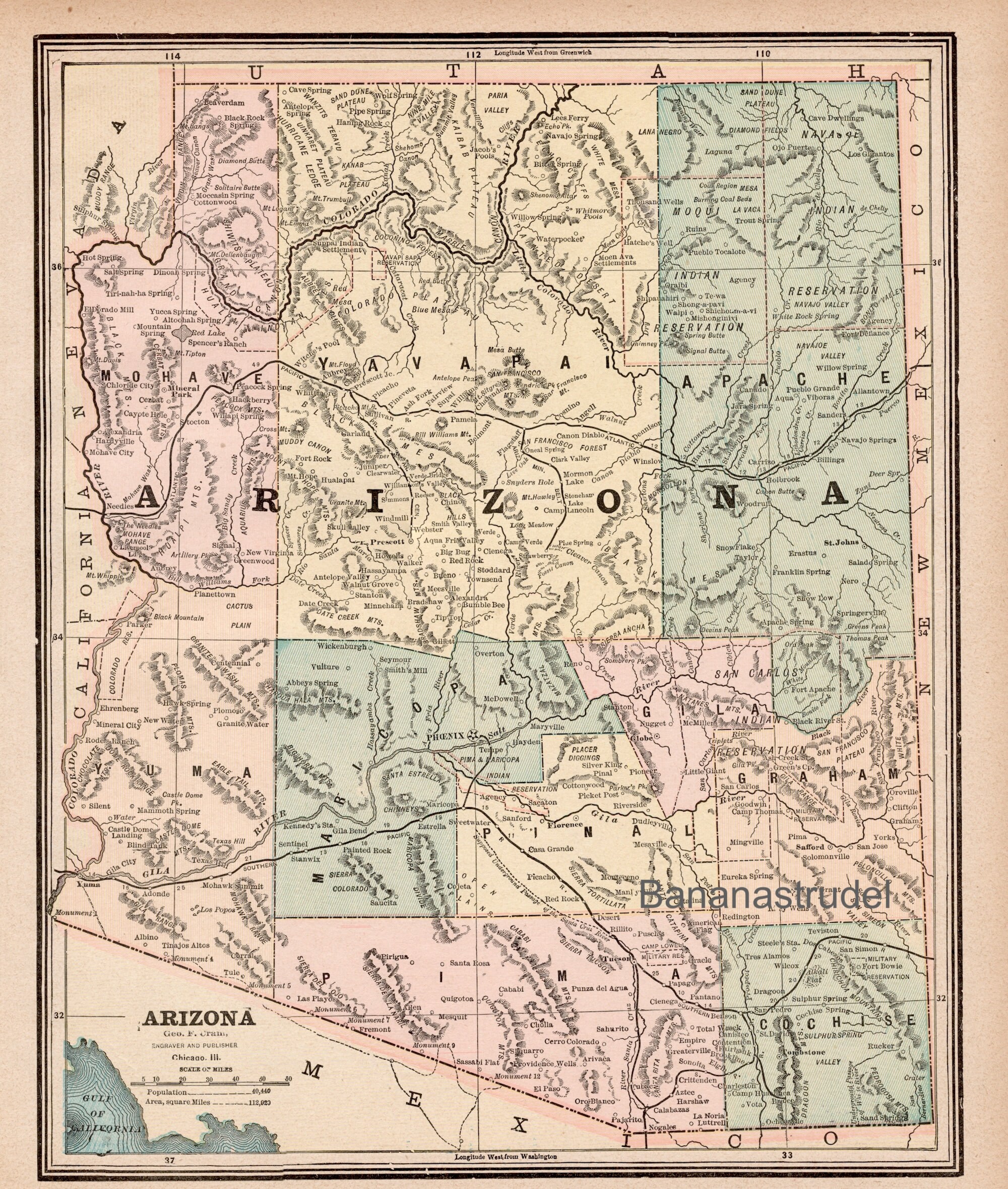 Antique Map of Arizona - Published 1888 - Etsy