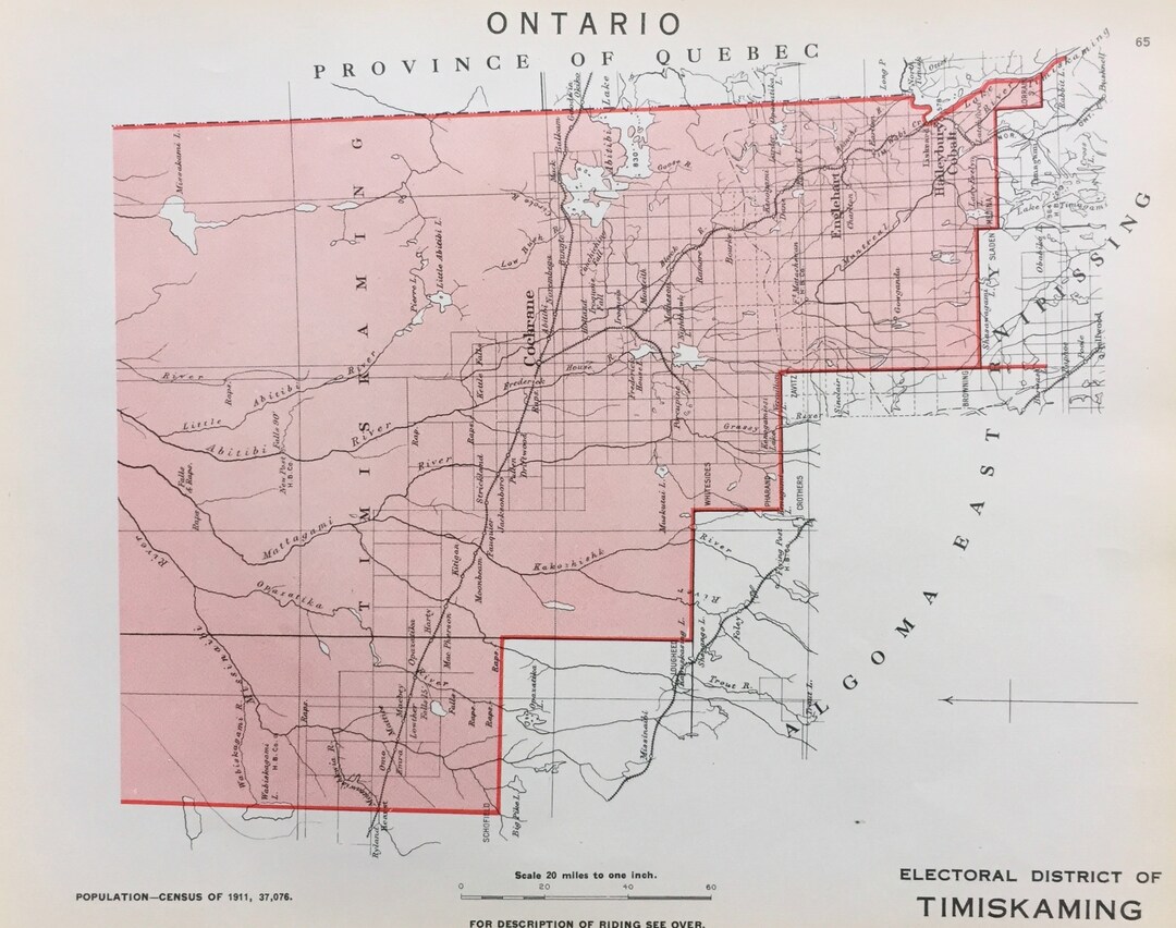 1915 Antique Map of Timiskaming, Ontario Vintage Electoral District Map ...