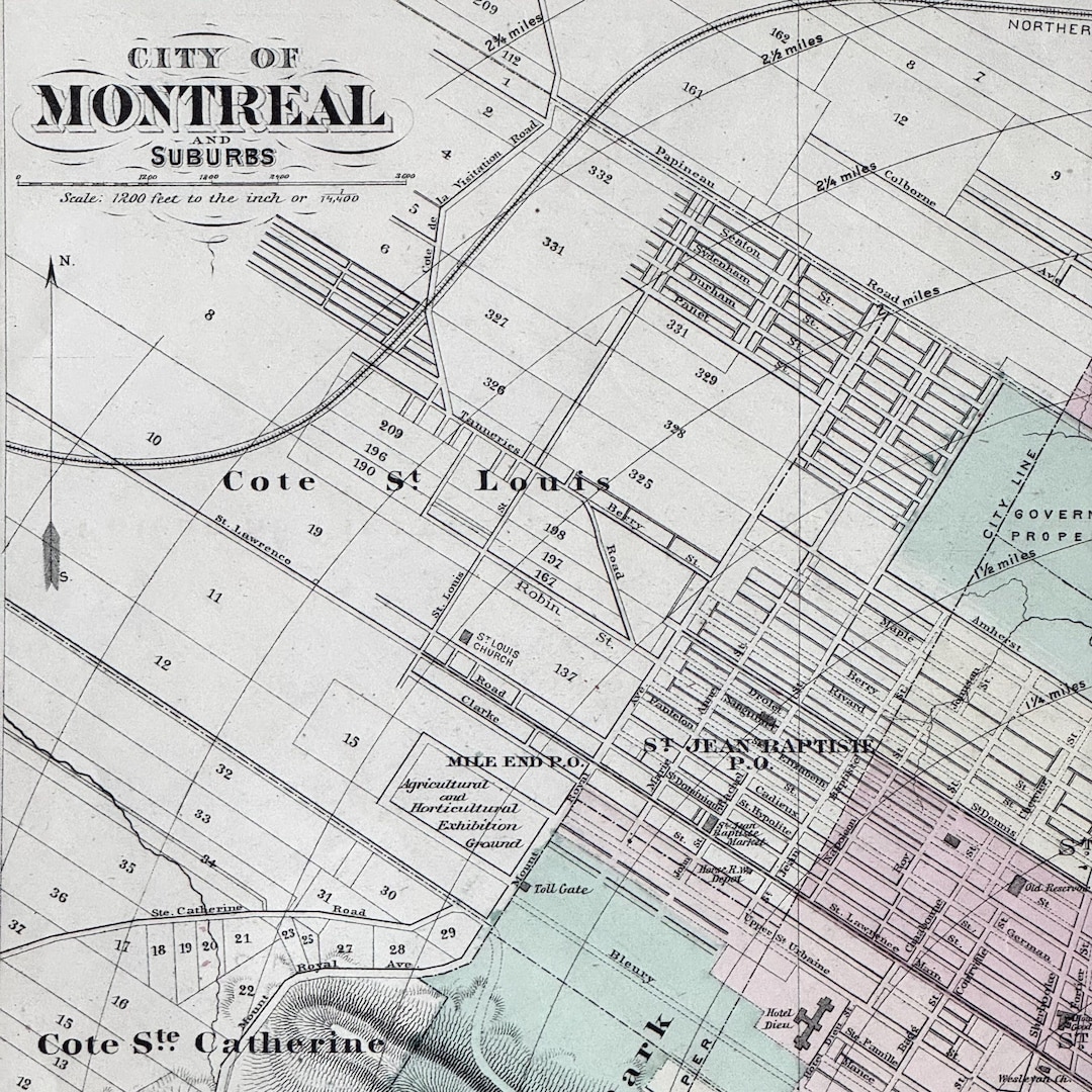1875 Rare Antique Map of Montreal, Quebec - Double Page Hand Coloured ...