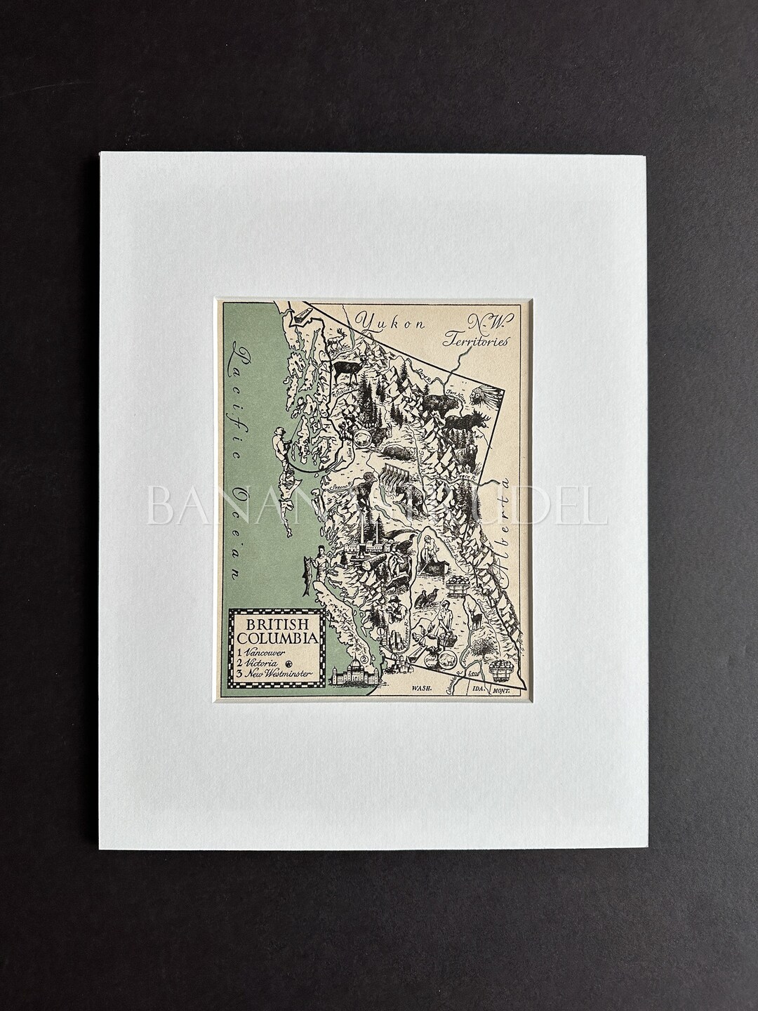 1940s British Columbia Canada Pictorial Map - Matted 11 X 14 - Ready to ...