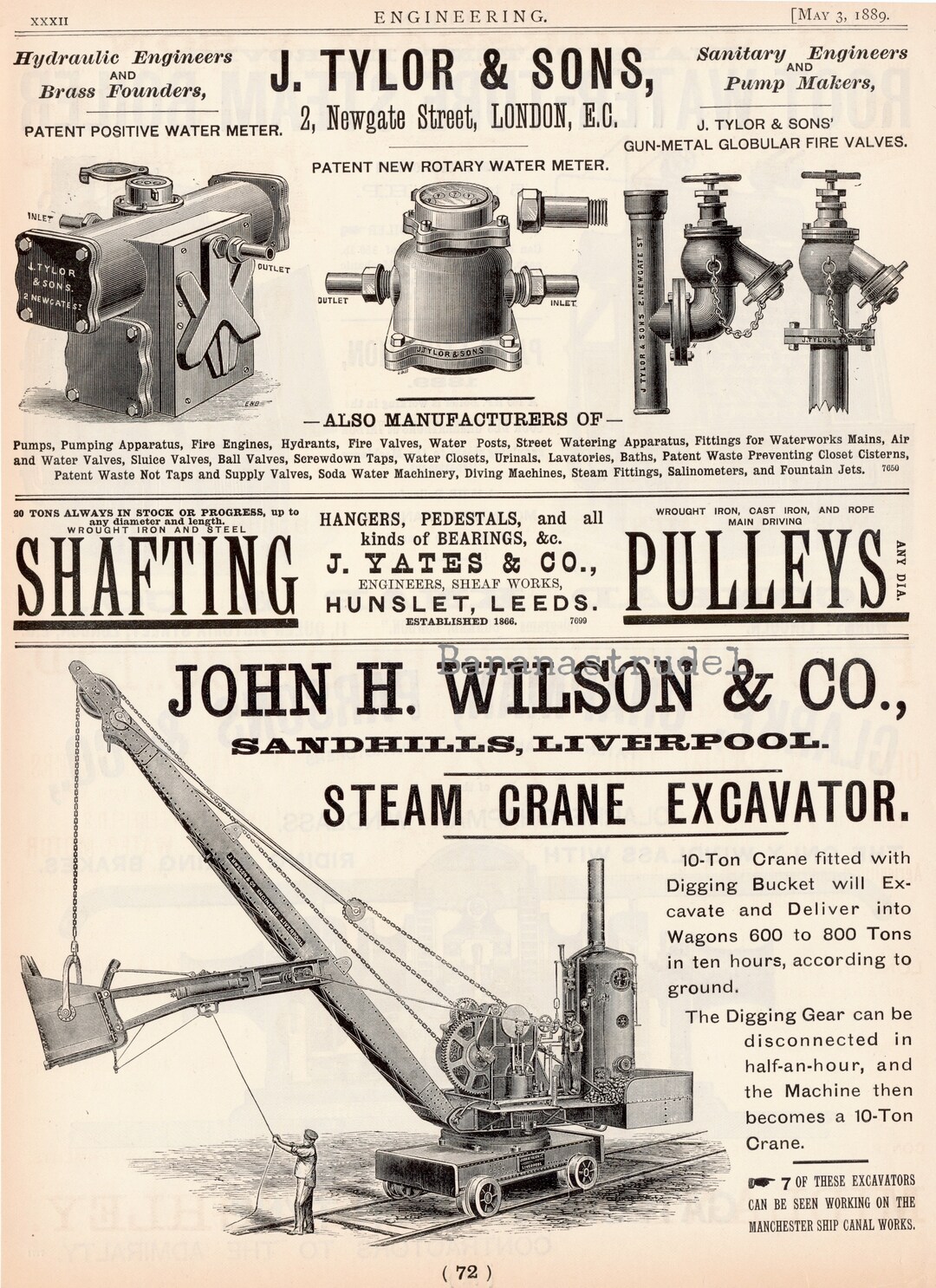 Page of Antique Advertisements for Water Meters, Steam Crane Excavators ...