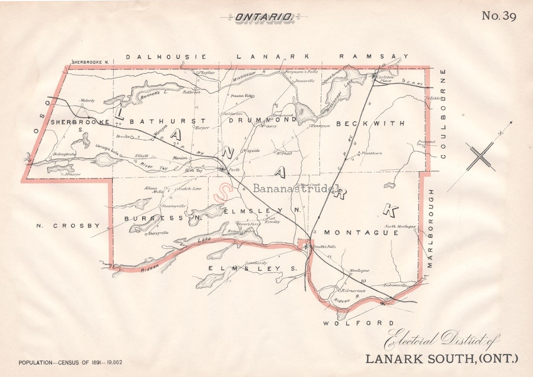 Antique Map of Lanark South, Ontario - 1895 Electoral Map - Smith's ...