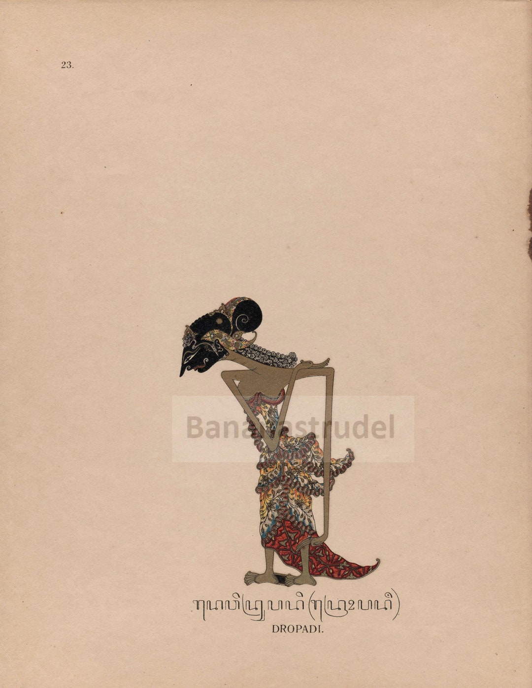 Javanese Dancer - Wayang Figure - Dropadi - Antique 1919 Handcoloured ...