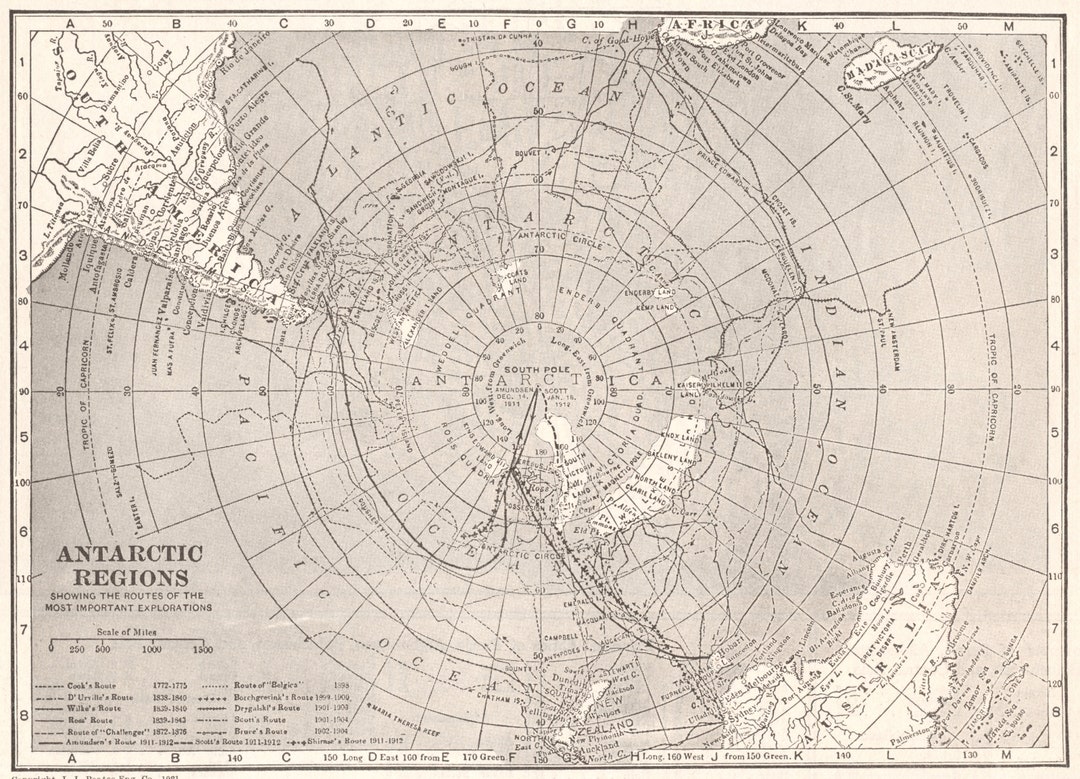 Antique Map of the Polar Regions - Arctic - Antarctic - Published 1921 ...