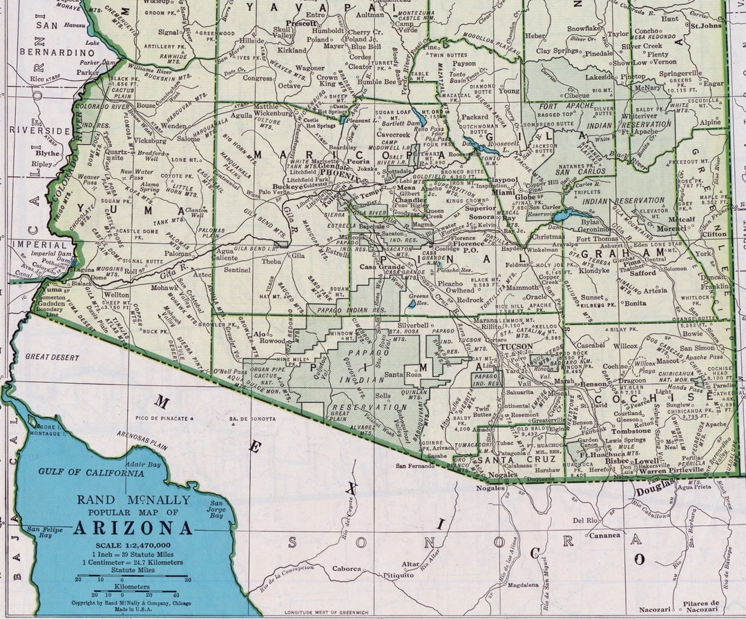 1940s Vintage Map of Arizona - Blue and Emerald Green Map - Etsy