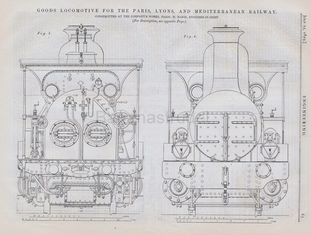 1879 Antique Engineering Drawing - Goods Locomotive for the Paris ...