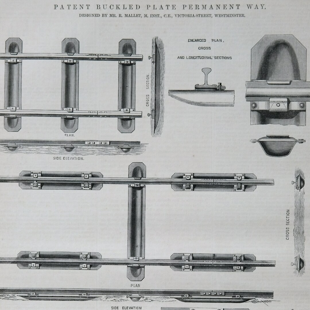 1877 Gravure ancienne de Patent Buckled Plate Permanent Way Dessin ...