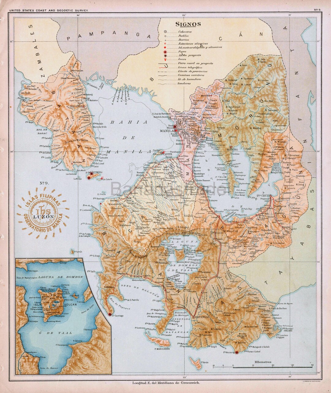 1900 Rare Antique Map of Luzon, Philippines - Taal Volcano - Bataan ...
