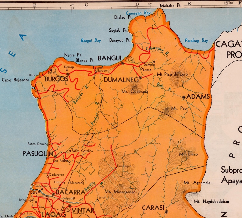 Ilocos Norte, Philippines - RARE Large Vintage 1959 Map - Laoag - Badoc ...