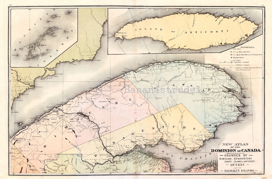 1880 Antique Map of Quebec, Canada - Quebec Antique Map - Magdalen ...