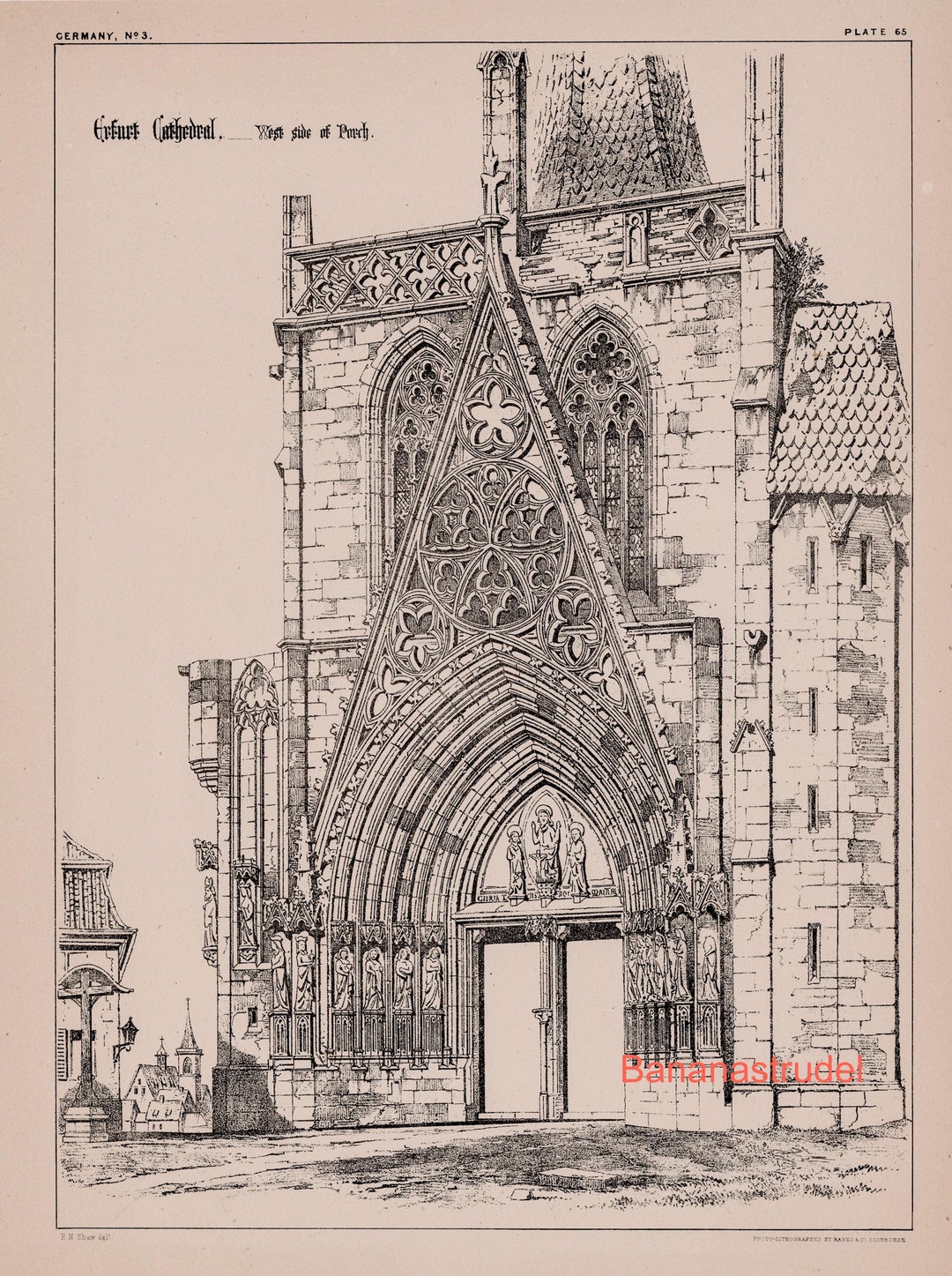 Large Antique Plate of Gothic Architectural Details of Erfurt Cathedral ...