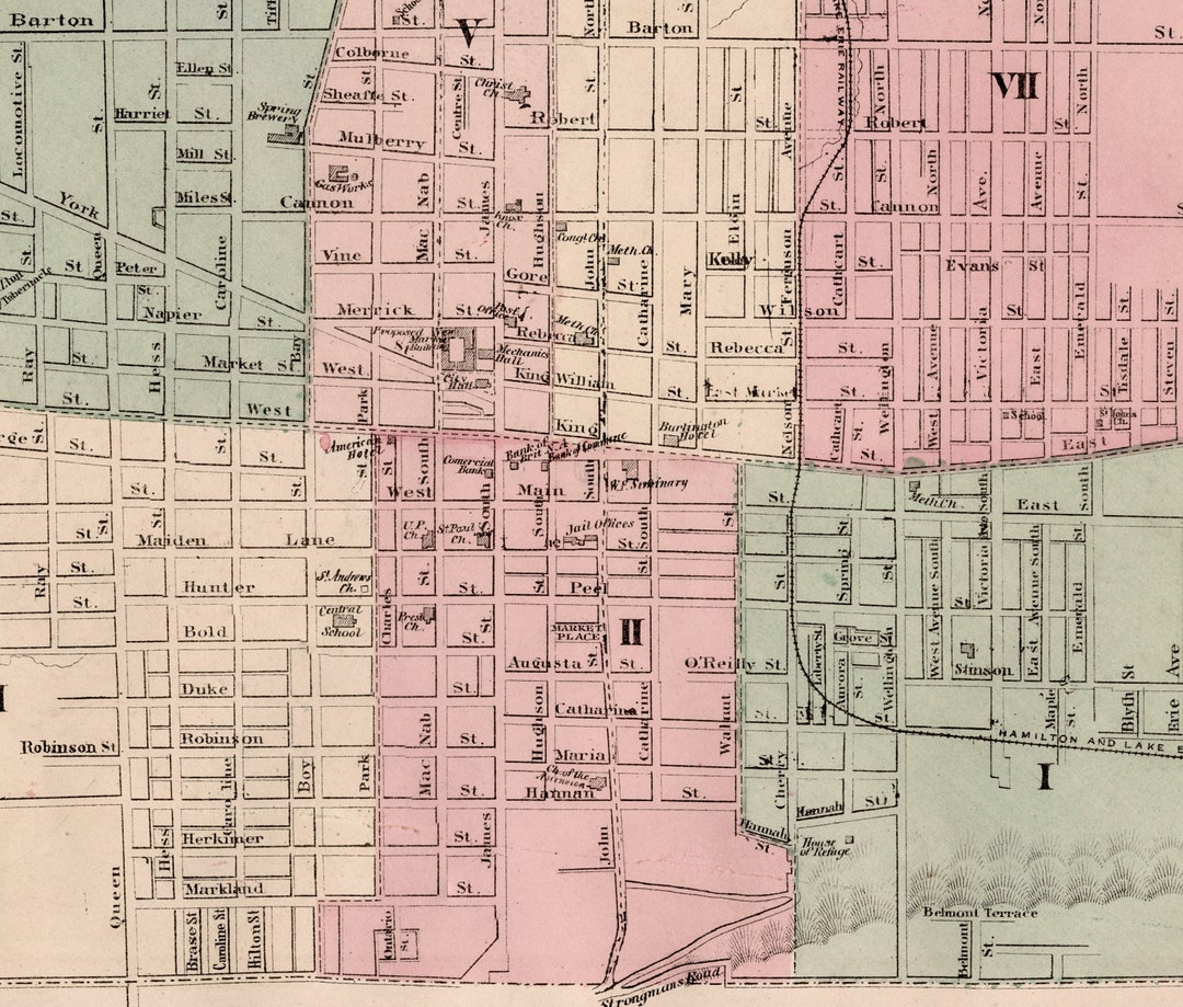 1875 Rare Antique Map of Hamilton, Ontario, Canada - Vintage Hand ...