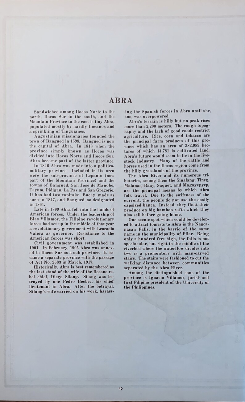 1959 Large Rare Vintage Map of Abra, the Philippines - Bangued - La Paz ...