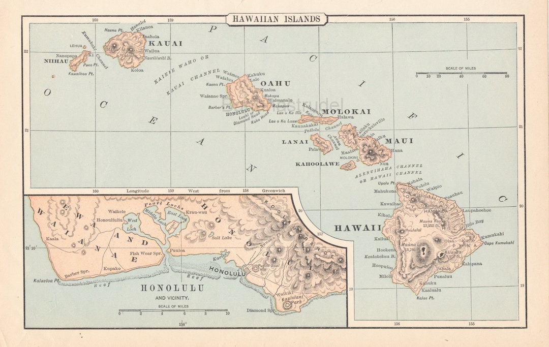 Antique Map of the Hawaiian Islands Honolulu Inset - Etsy