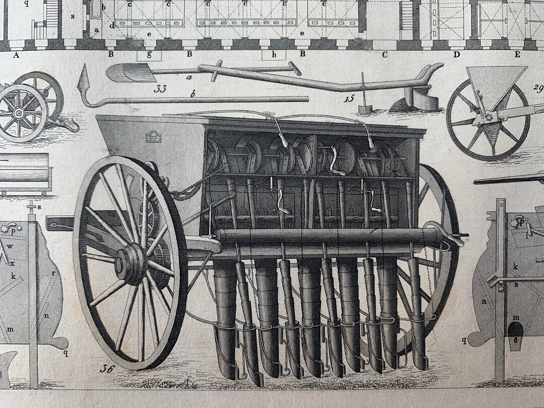 1852 Antique Engraving of Farming Tools - Plows - Ploughs - Sowing ...