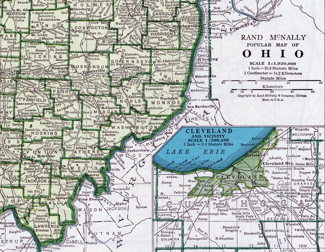 1940s Vintage Map of Ohio - Blue and Emerald Green Map - Etsy