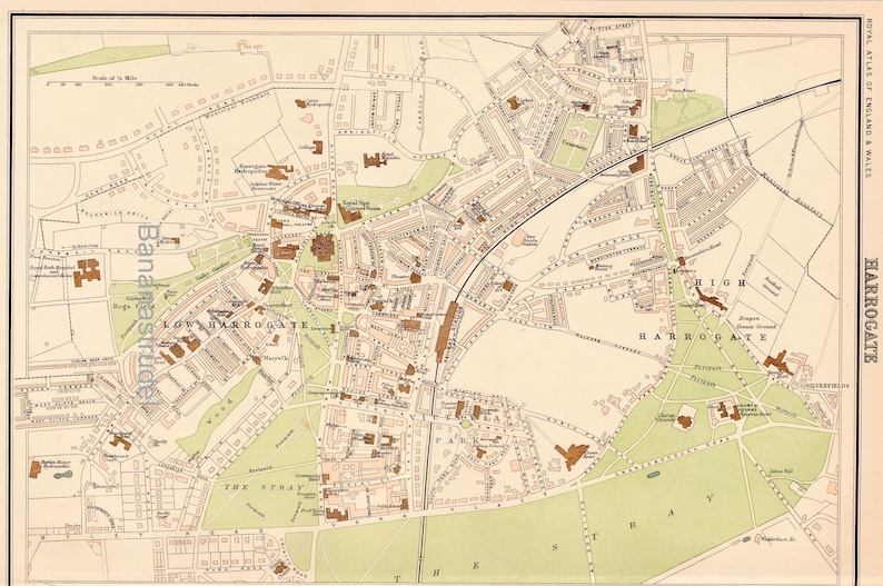 Antique Map of Harrogate, North Yorkshire, UK - 1898 Large Vintage Map ...