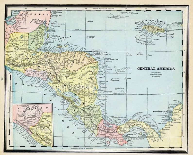 1888 Antique Map of Central America - Etsy