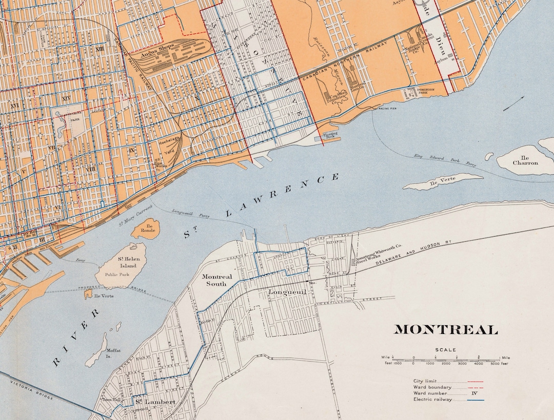Large Antique Map of Montreal, Quebec - 1915 Vintage City Map - Old ...