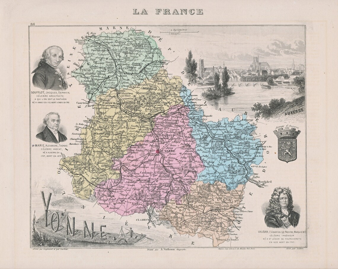 1883 Antique Hand-coloured Map of the Yonne Departement, France. - Etsy