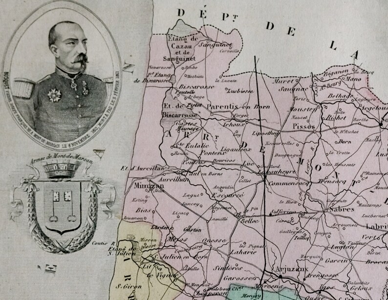 1883 Antique Map of Landes France Mont-de-marsan Vintage | Etsy