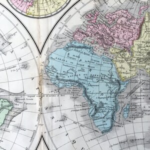 1884 Antique Map of the World in Hemispheres Antique Hemisphere Map Old ...