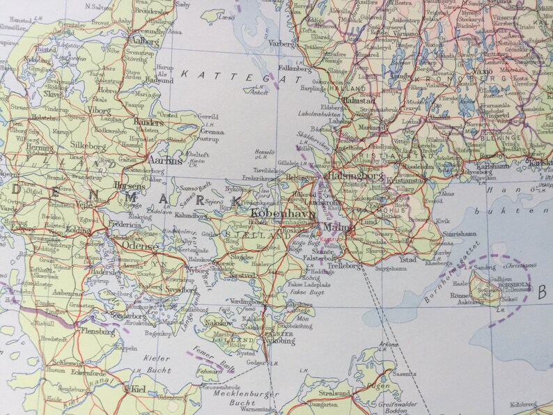 Vintage Map of Scandinavia- South - 1958 Large Map of Southern ...