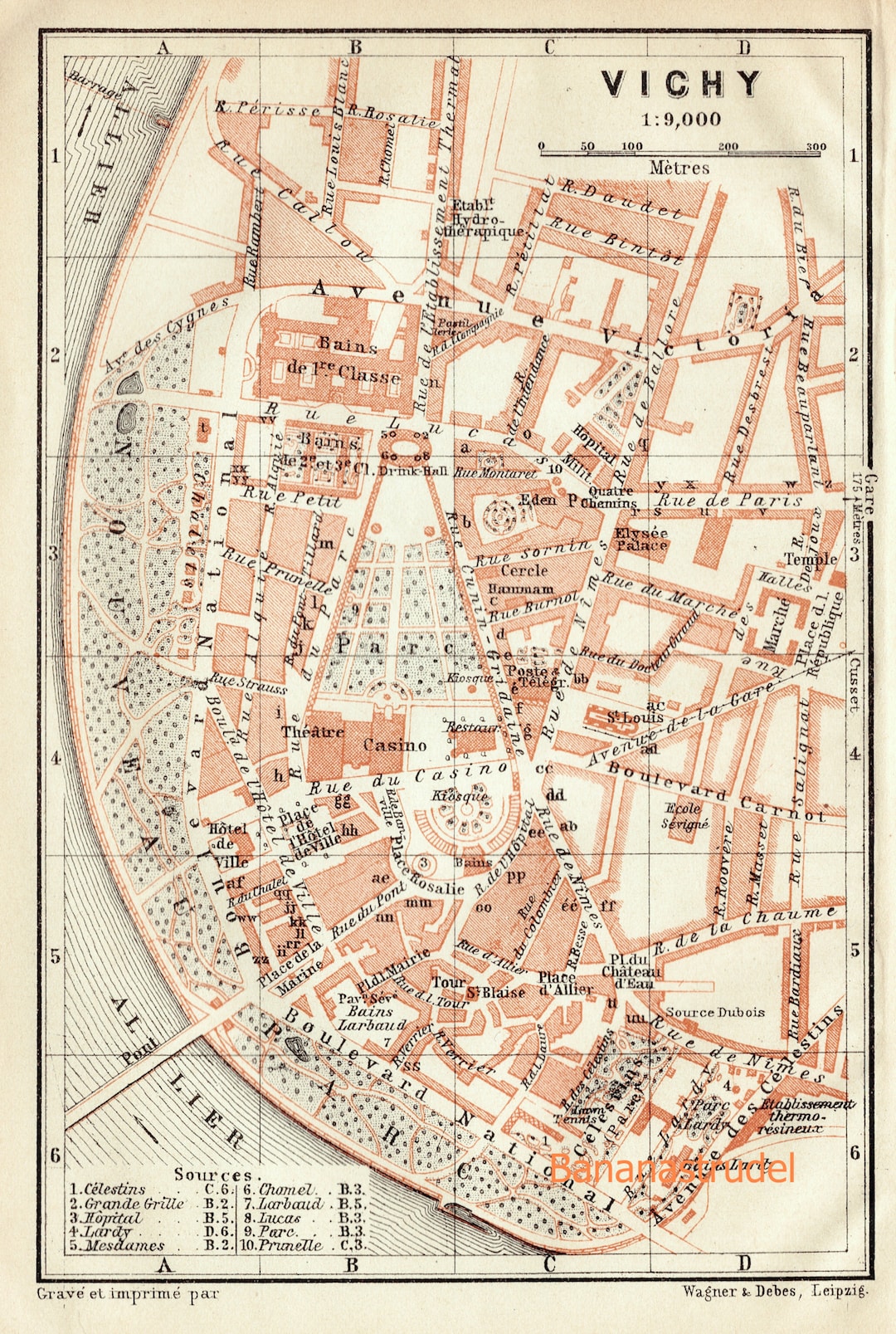 Antique Map of Vichy, France - Small 1907 City Map - Etsy