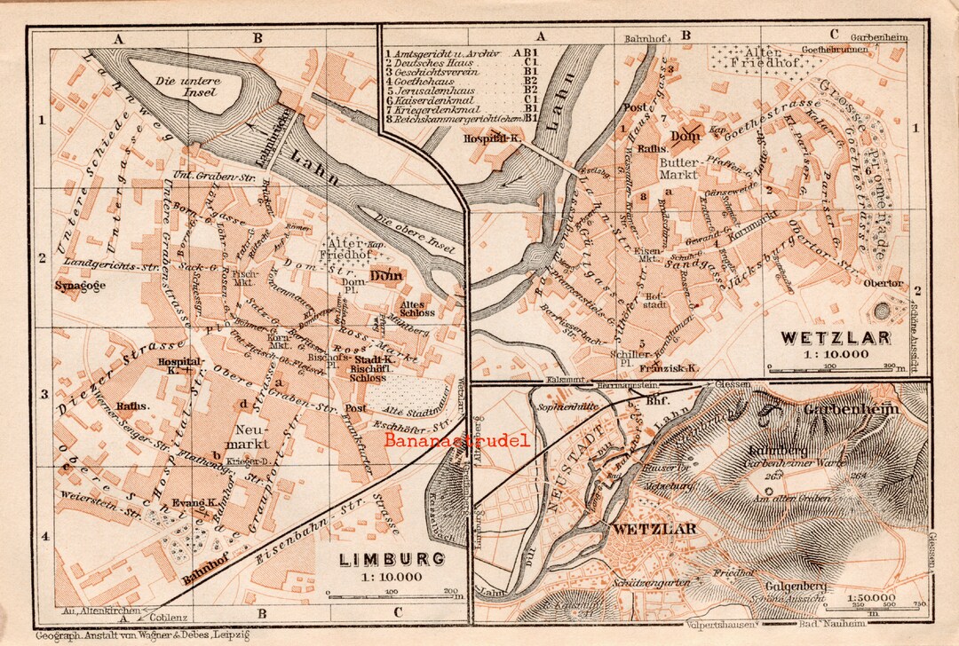 Antique Map of Limburg and Wetzlar, Germany - Published 1909 - Etsy