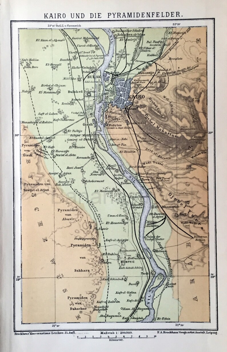 1890 German Vintage Map of the Cairo and the Pyramid Fields - Etsy