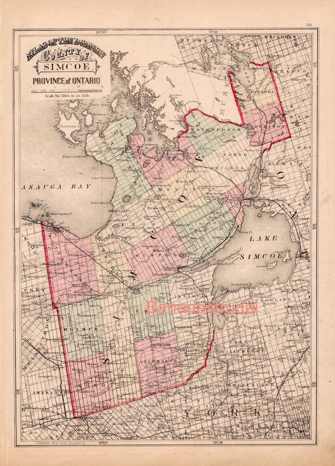 1875 Rare Antique Hand Coloured Map of the County of Simcoe, Ontario ...