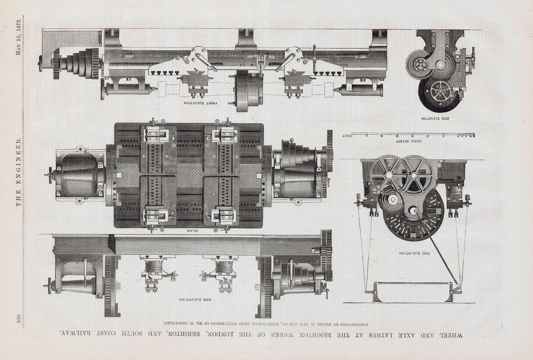 1872 Antique Print - Wheel and Axle Lathes - Brighton Works -- London ...