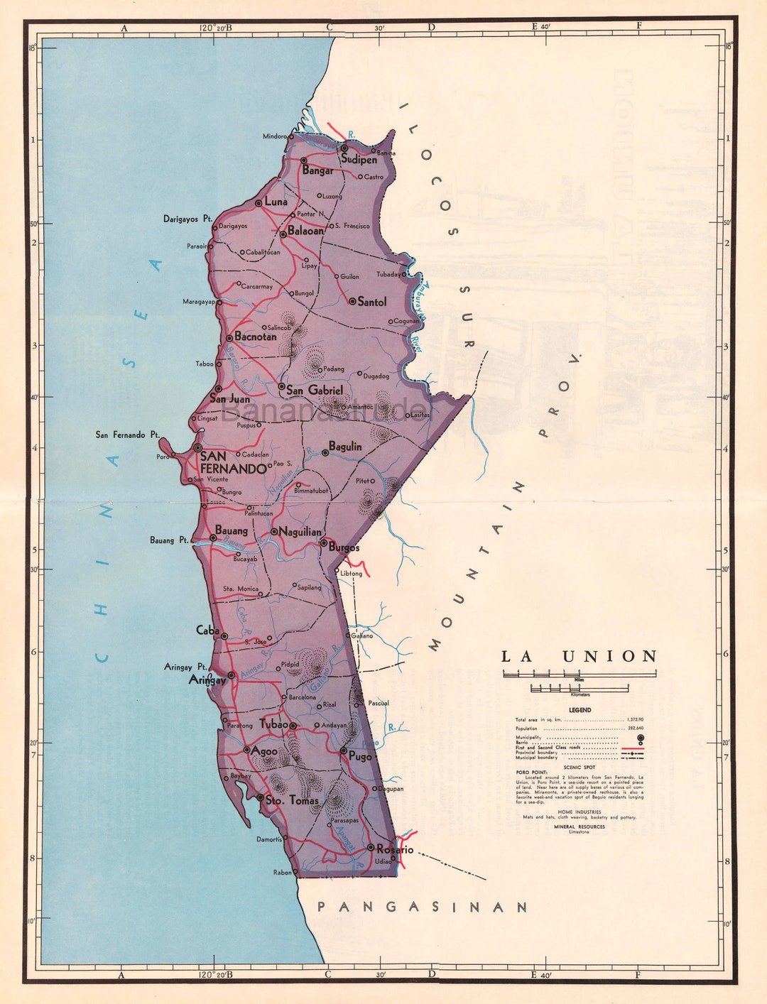 La Union, Philippines RARE Large Vintage 1959 Map San Fernando Luna ...